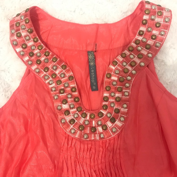 leshop | Tops | Stunning Coral Low Neck Top With Gold Specs | Poshmark